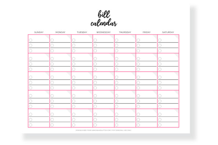 Printable Monthly Bill Calendars