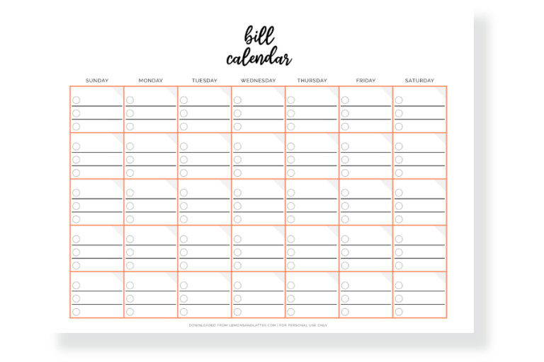 Printable Monthly Bill Calendars