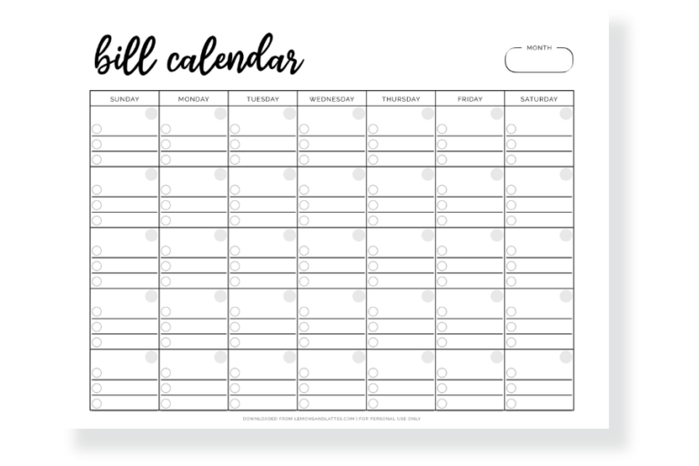 Printable Monthly Bill Calendars