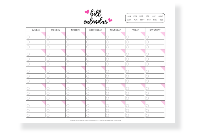Printable Monthly Bill Calendars