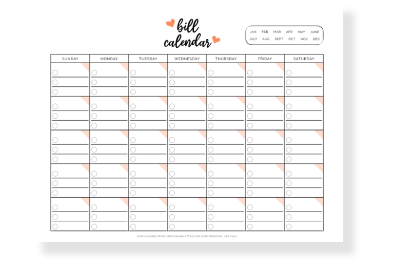 Printable Monthly Bill Calendars