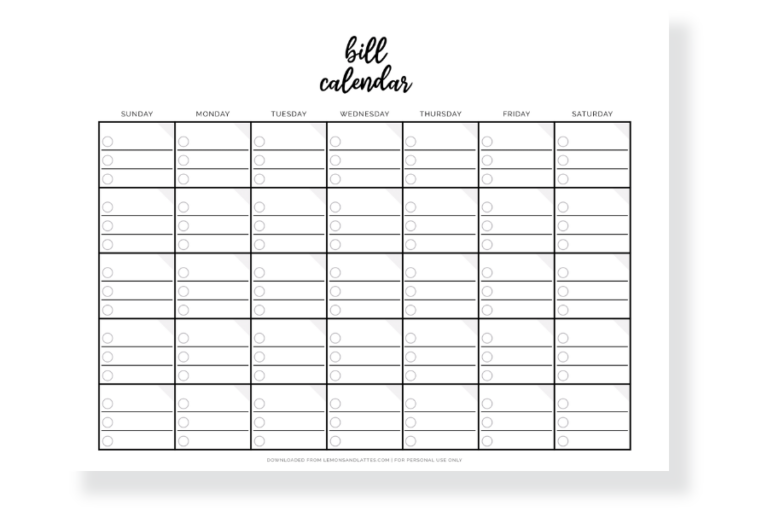 Printable Monthly Bill Calendars