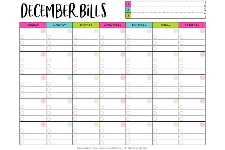 Printable Monthly Bill Calendars