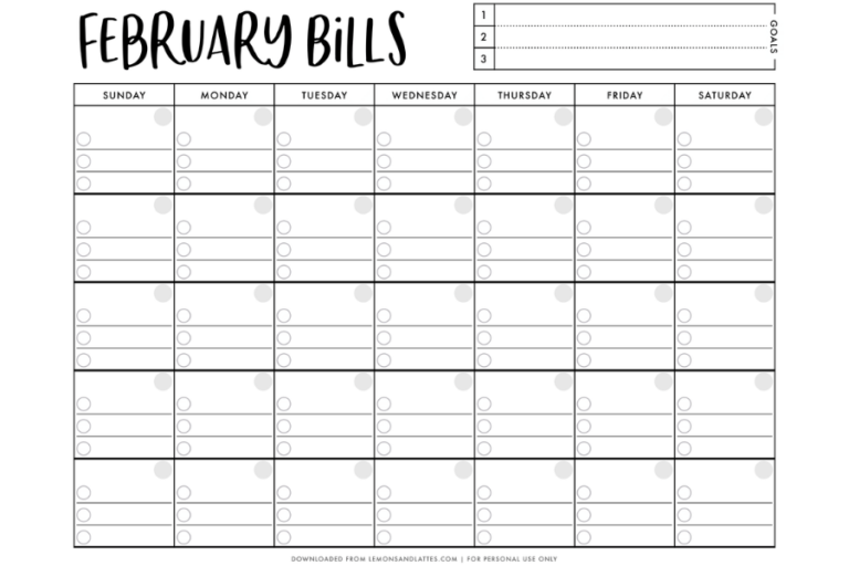 Printable Monthly Bill Calendars
