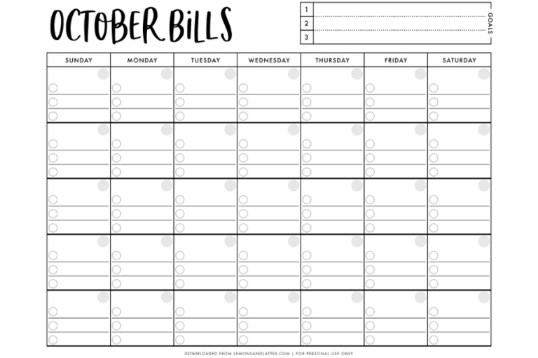 Printable Monthly Bill Calendars