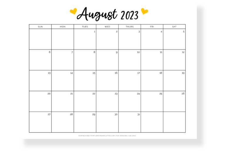 52 Simple and Cute August Calendar Printables 2023