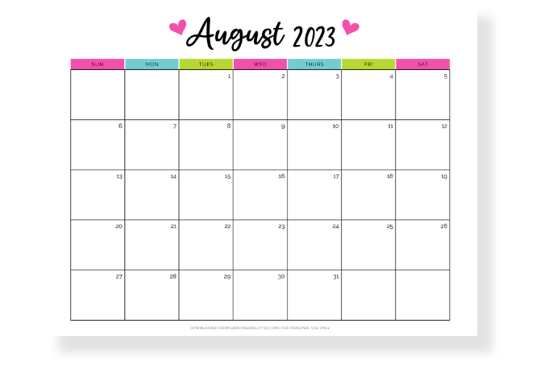 52 Simple and Cute August Calendar Printables 2023
