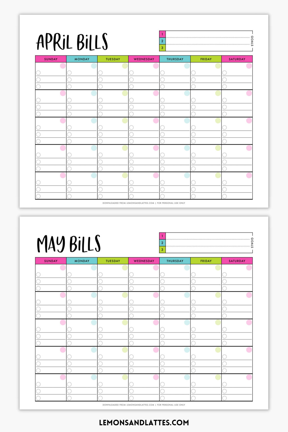 Printable Monthly Bill Calendars