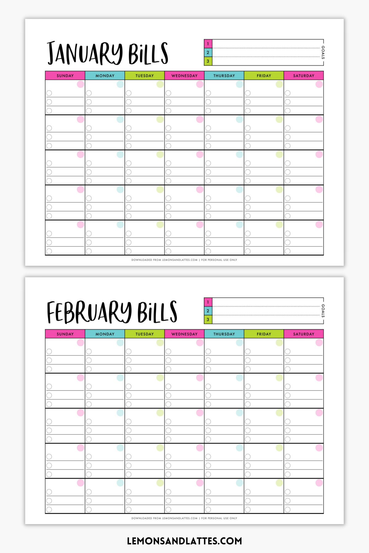 Printable Monthly Bill Calendars