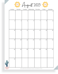 20 Cute August 2025 Calendar Printables