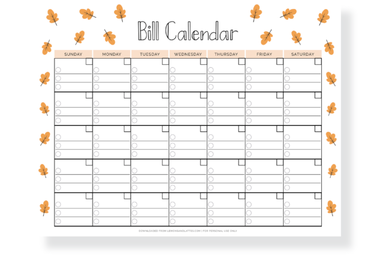 Printable Monthly Bill Calendars