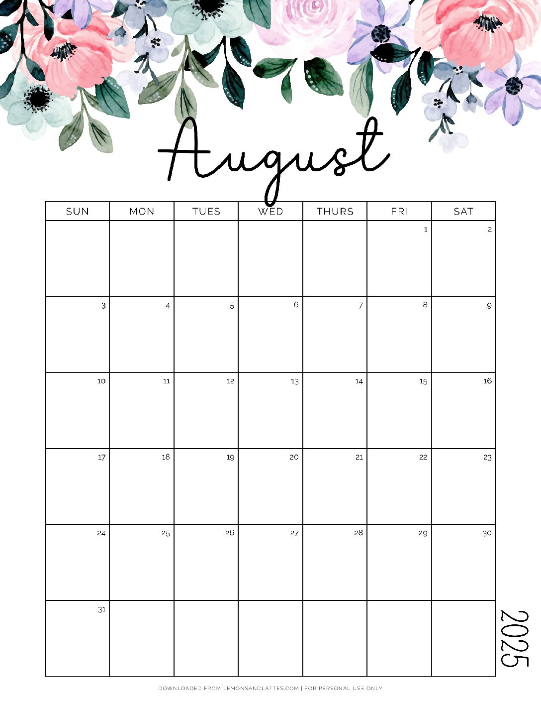 floral august calendar 2025 - Lemons and Lattes
