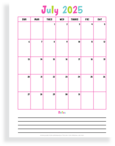 20 Cute July 2025 Calendar Printables