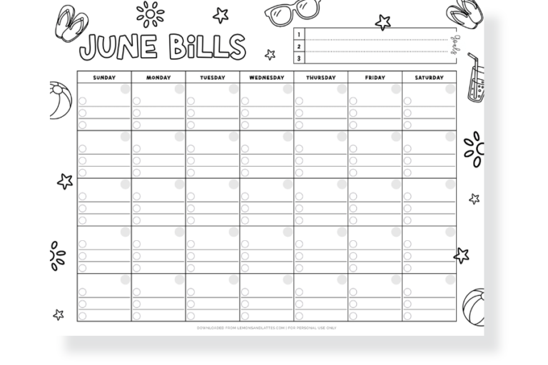 Summer-Themed Bill Calendars You Can Color