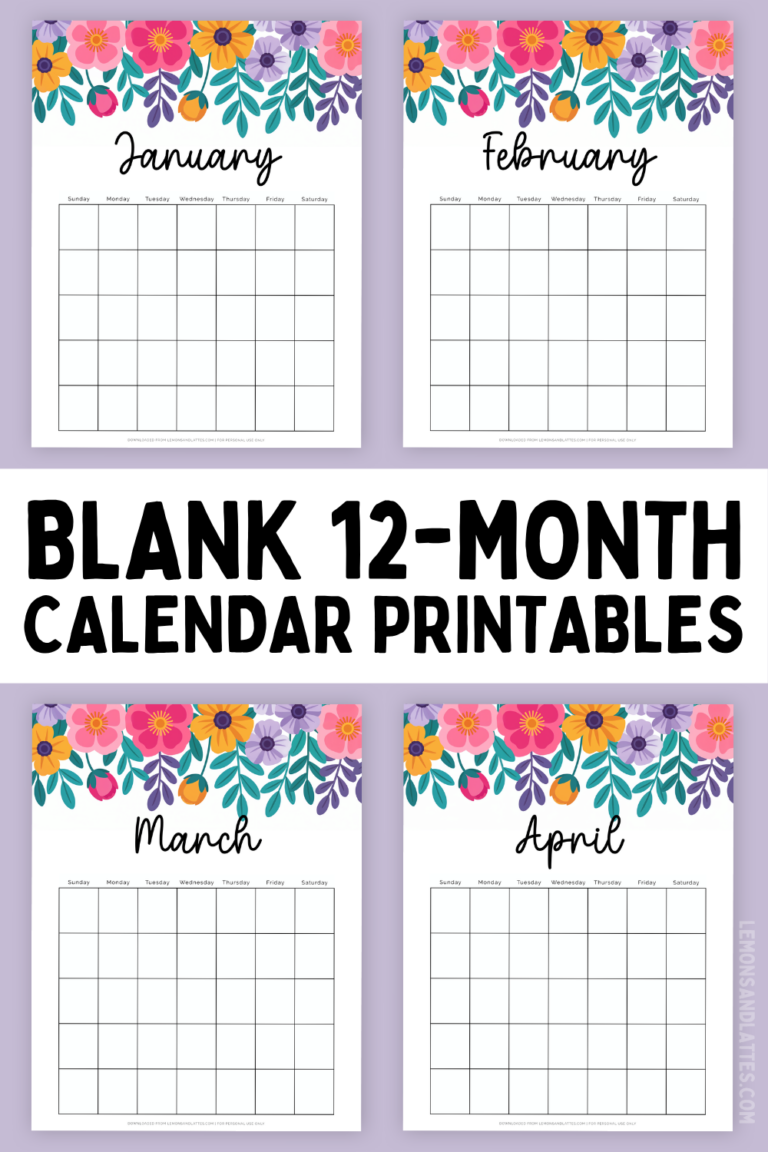 blank 12-month calendar printables floral design pin1 - Lemons and Lattes