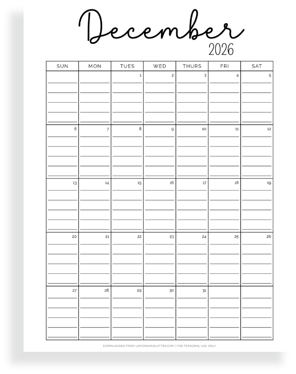 Free Printable 2026 Minimalist Calendars with Lines