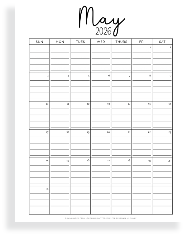 Free Printable 2026 Minimalist Calendars with Lines